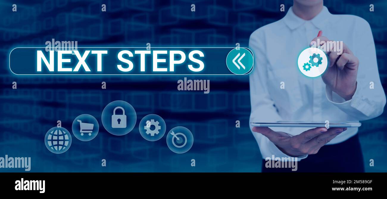 Conceptual display Next Steps. Word Written on numper of process going ...