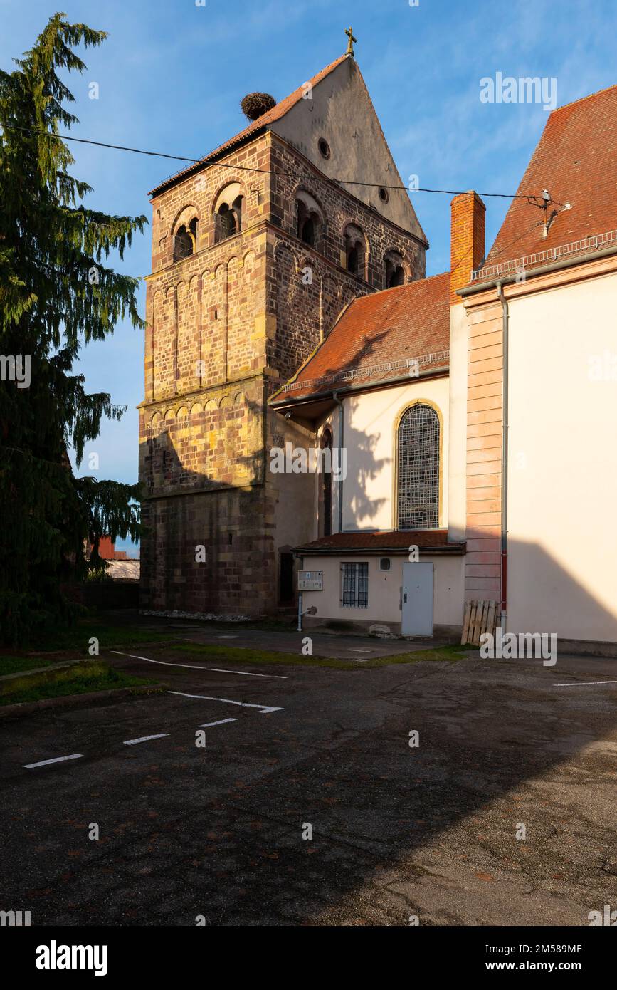 Romanesque tower of Saint-Etienne church in Reguisheim, Alsace, France ...