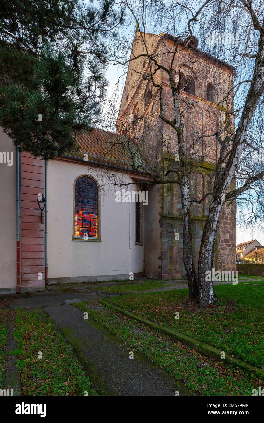 Romanesque tower of Saint-Etienne church in Reguisheim, Alsace, France ...