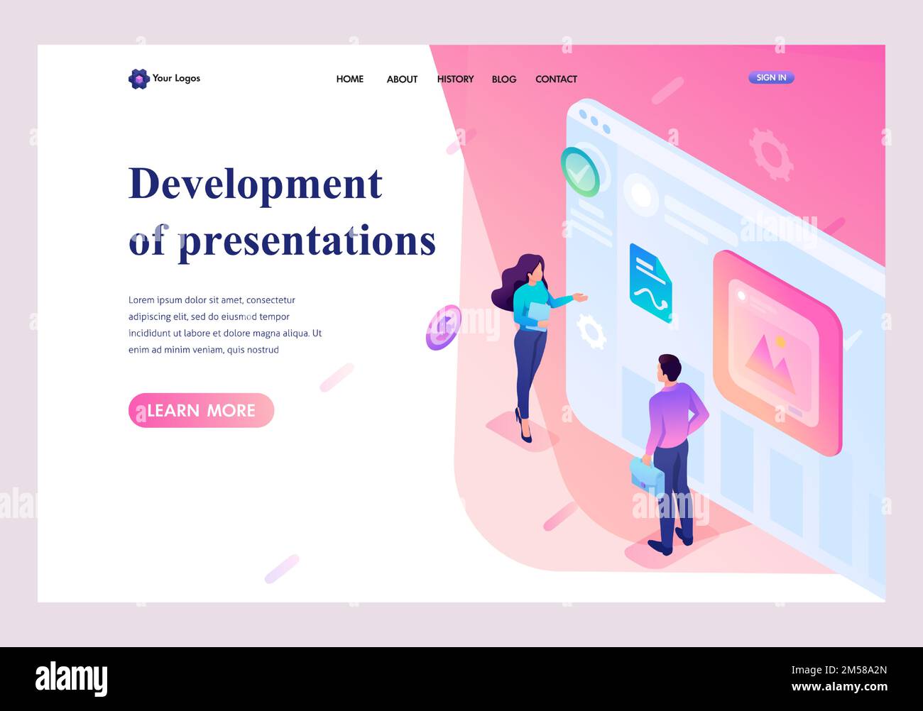 Isometric young people stand at the screen, creating presentations and ...