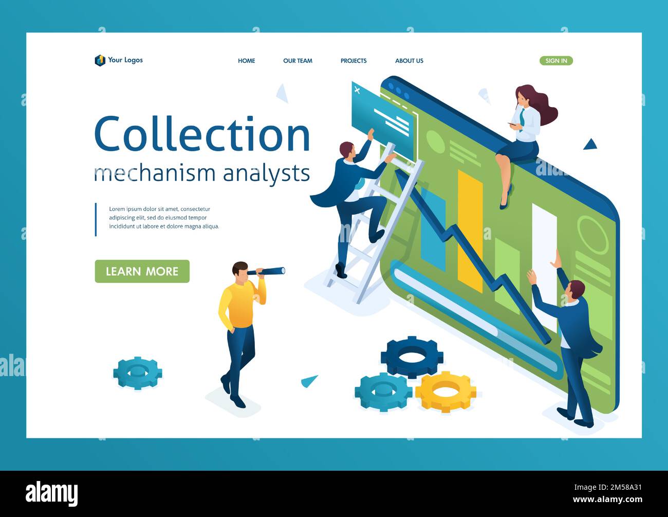 Young people collect information for data analysis. Concept of young entrepreneurs. 3d isometric ...