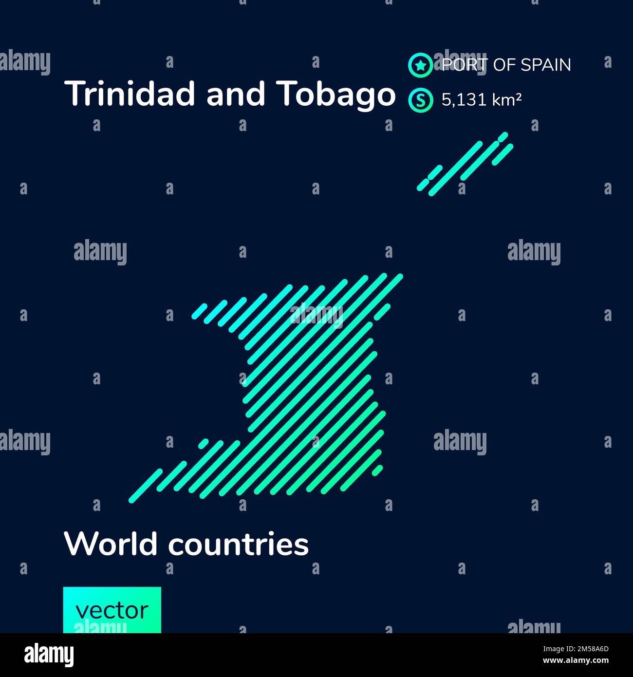 Vector creative digital neon flat line art abstract simple map of Trinidad and Tobago with green ...