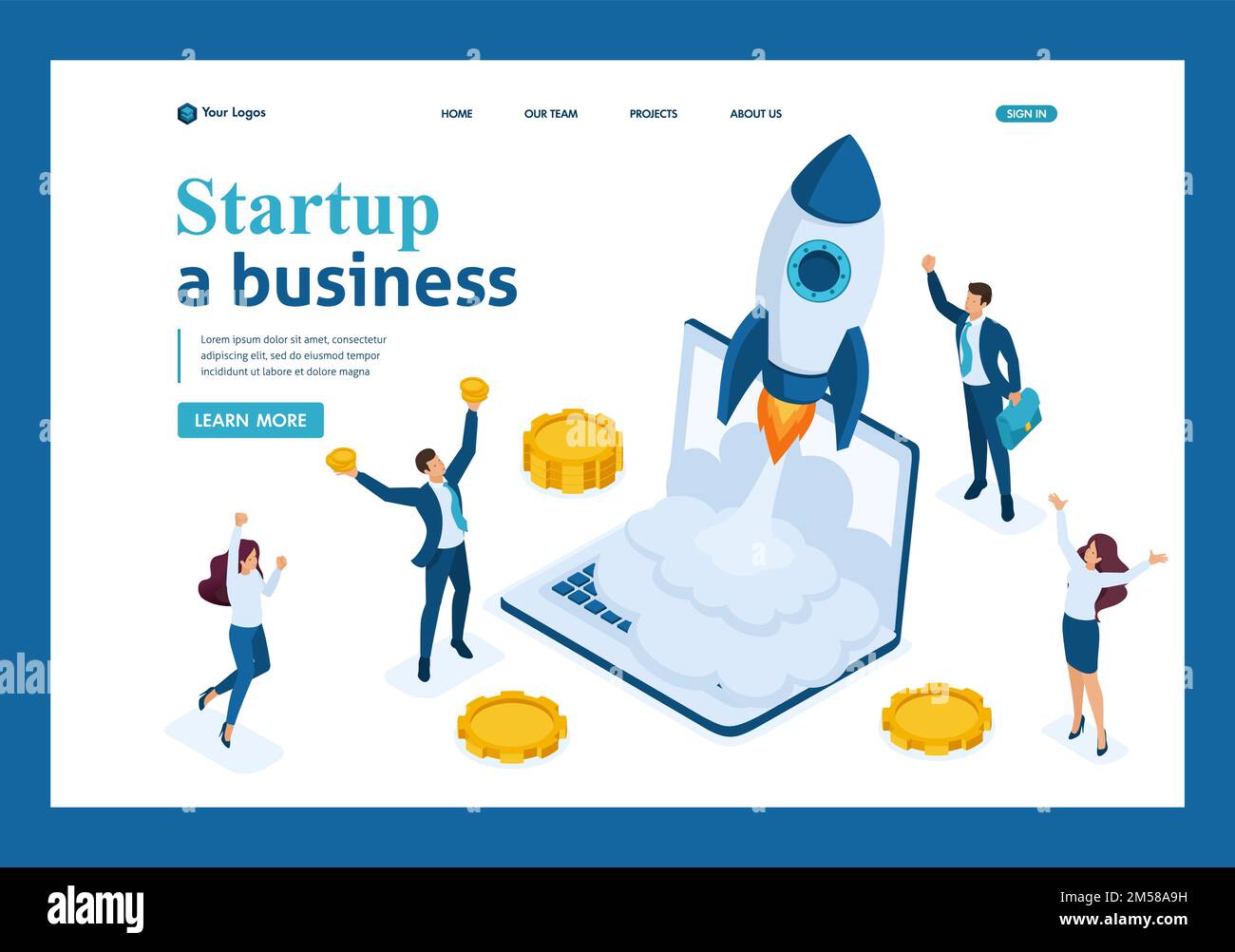Isometric business startup, businessmen rejoice rocket take-off from laptop, business investment ...