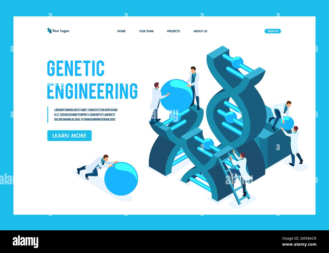 Isometric genetic engineering, DNA structure, medical workers, scientists. Template Landing page ...