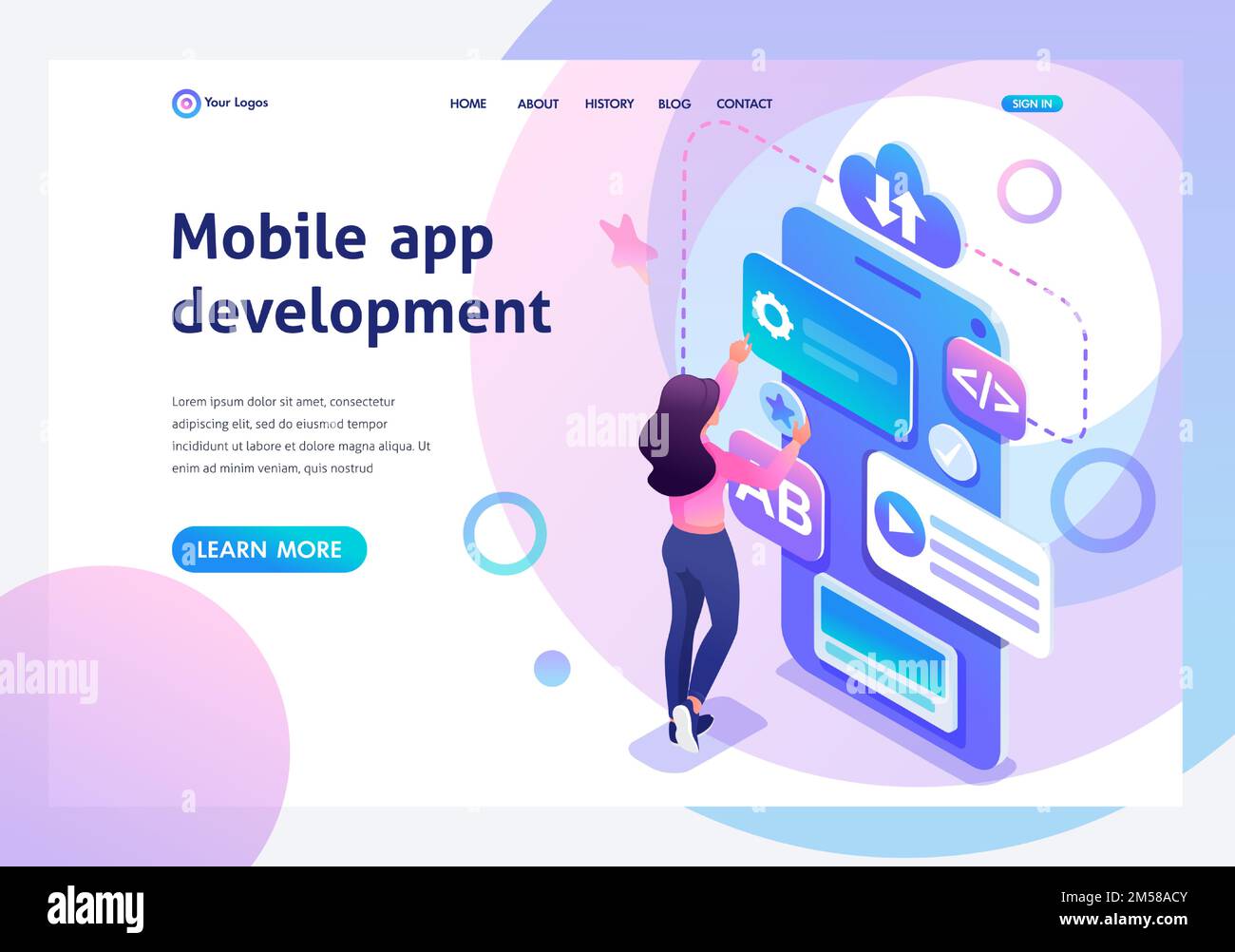 Isometric young girl is engaged in the creation of a mobile application ...