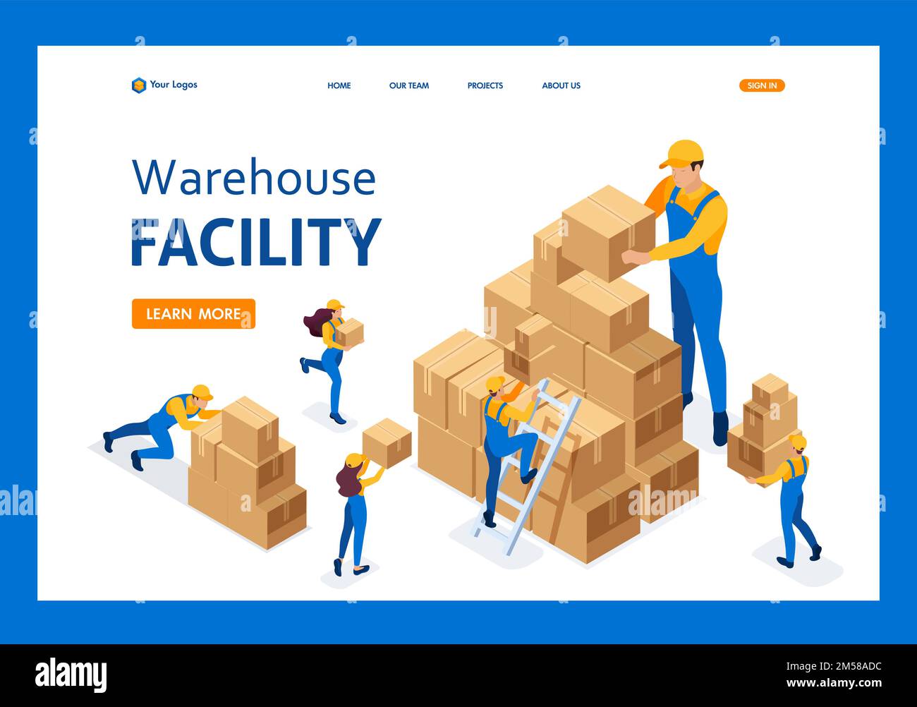 Isometric The work of movers in the warehouse, placing boxes ...