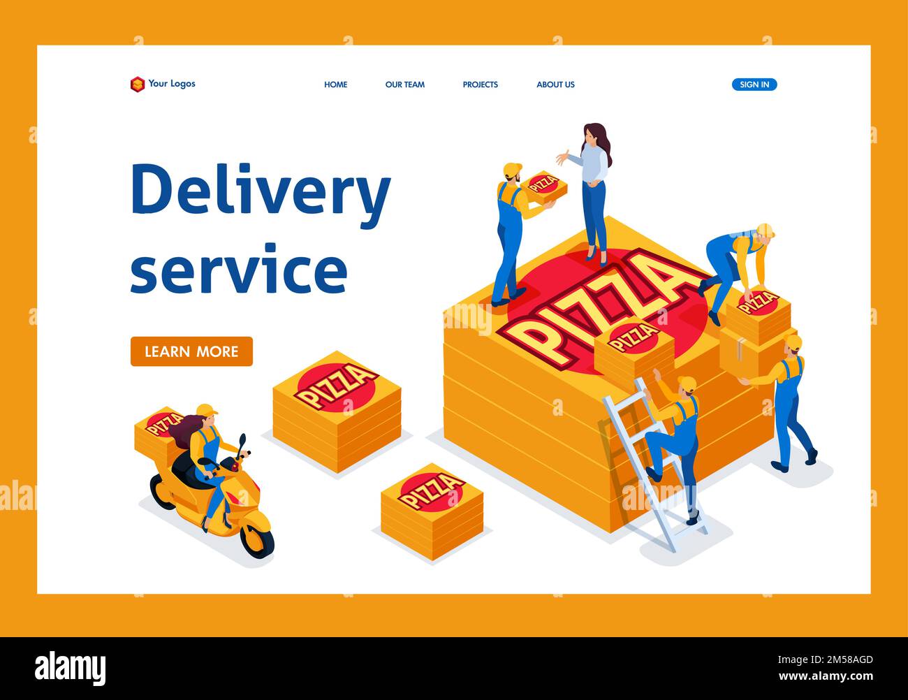 Isometric delivery service collects the order, the girl on the bike ...