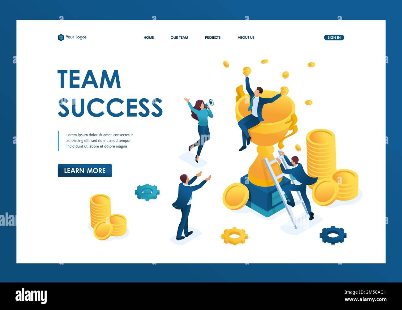 Isometric the success of teamwork, the joy of the boss and employees ...