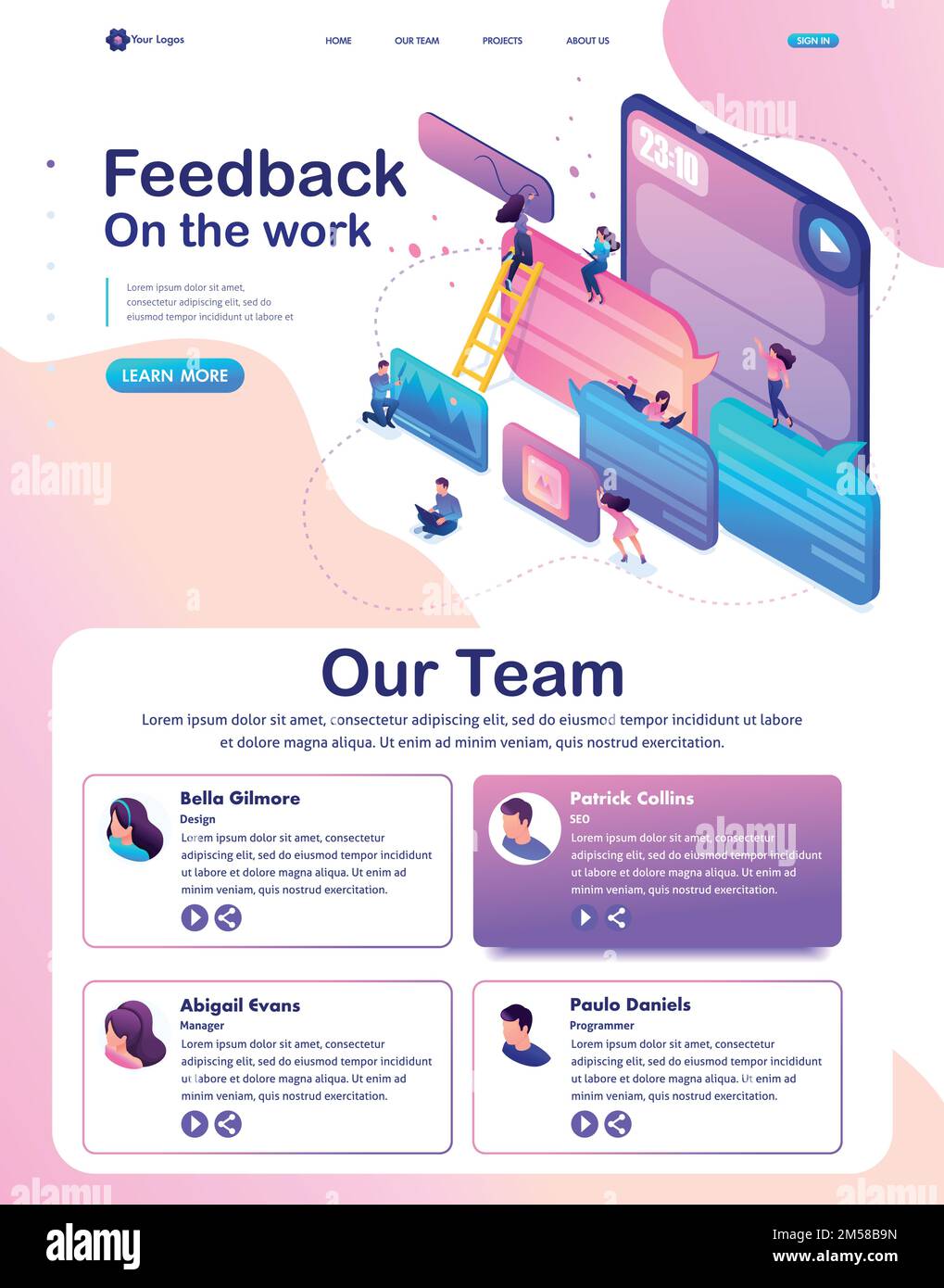 Isometric Website Template Landing page bright concept users write comments, recall and feedback ...