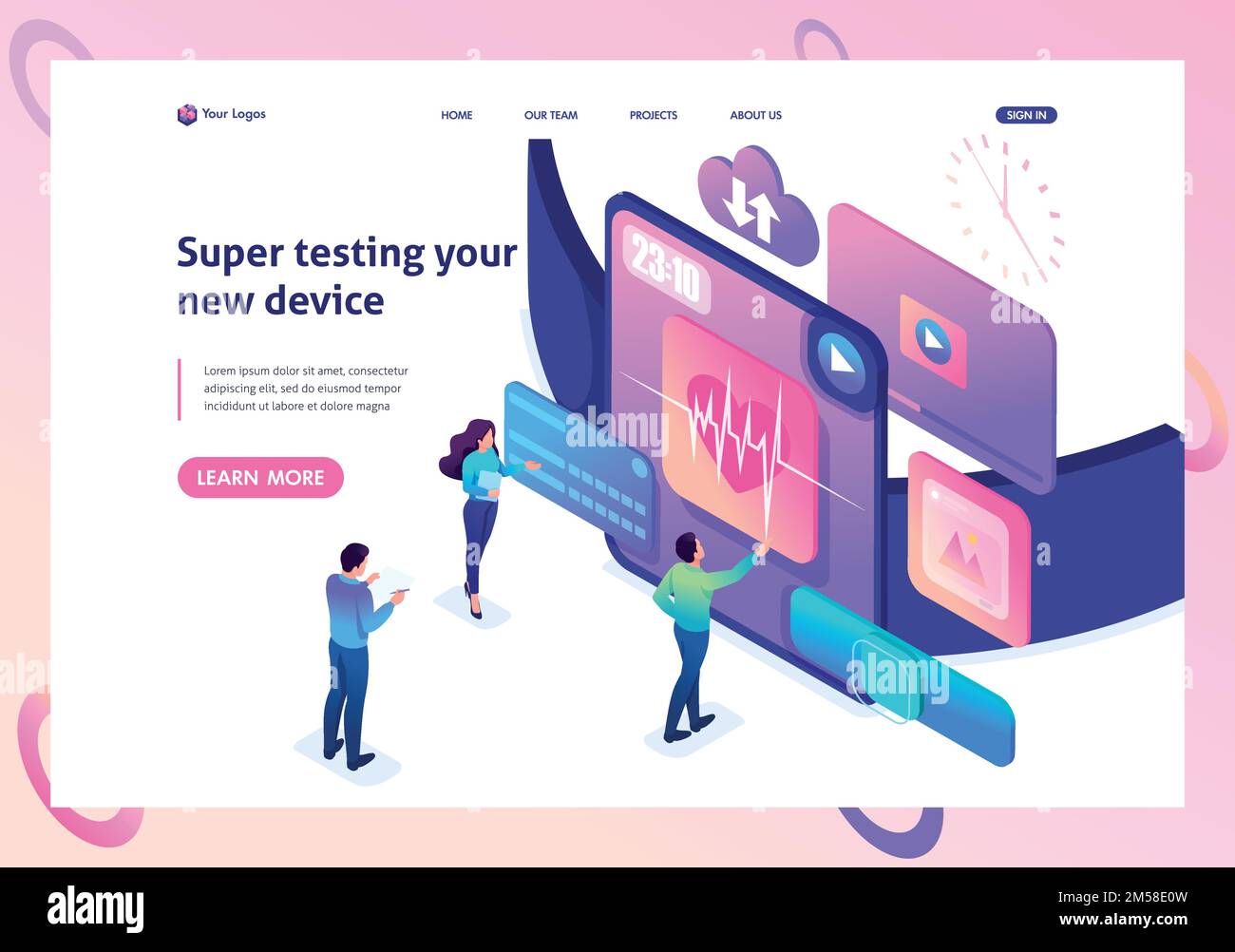 Isometric bright concept the team is testing a new device, the smart ...