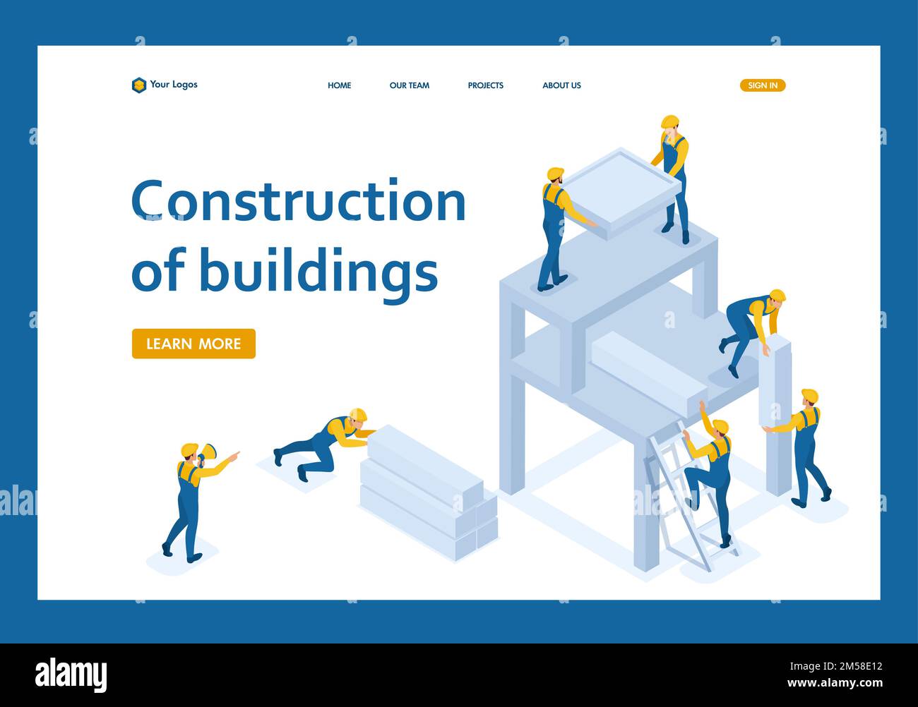 Isometric team of builders create a building, workers help each other ...
