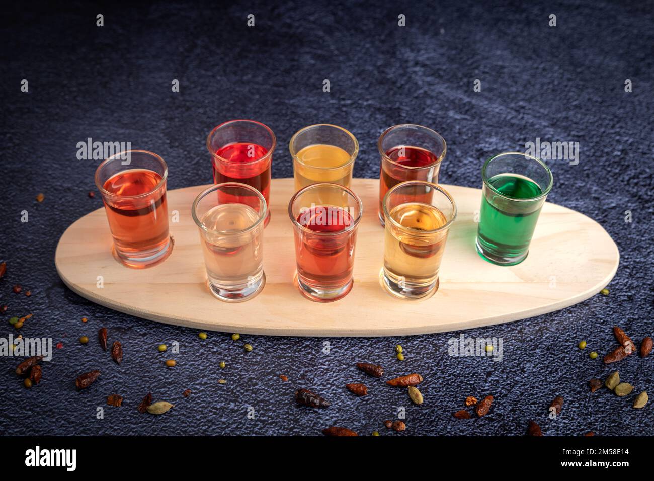 Different glasses of shooter alchool for aperitive or festive situation ...