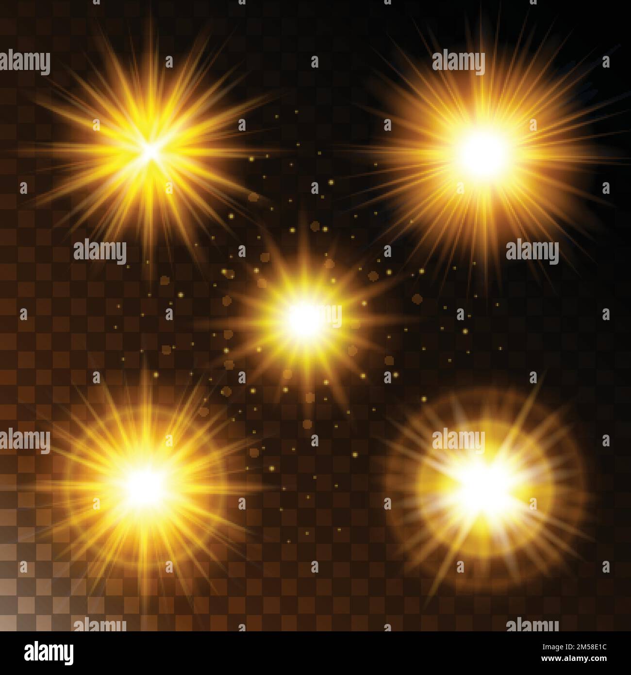 Set of glowing light effect star, the sunlight warm yellow glow with sparkles on a transparent ...