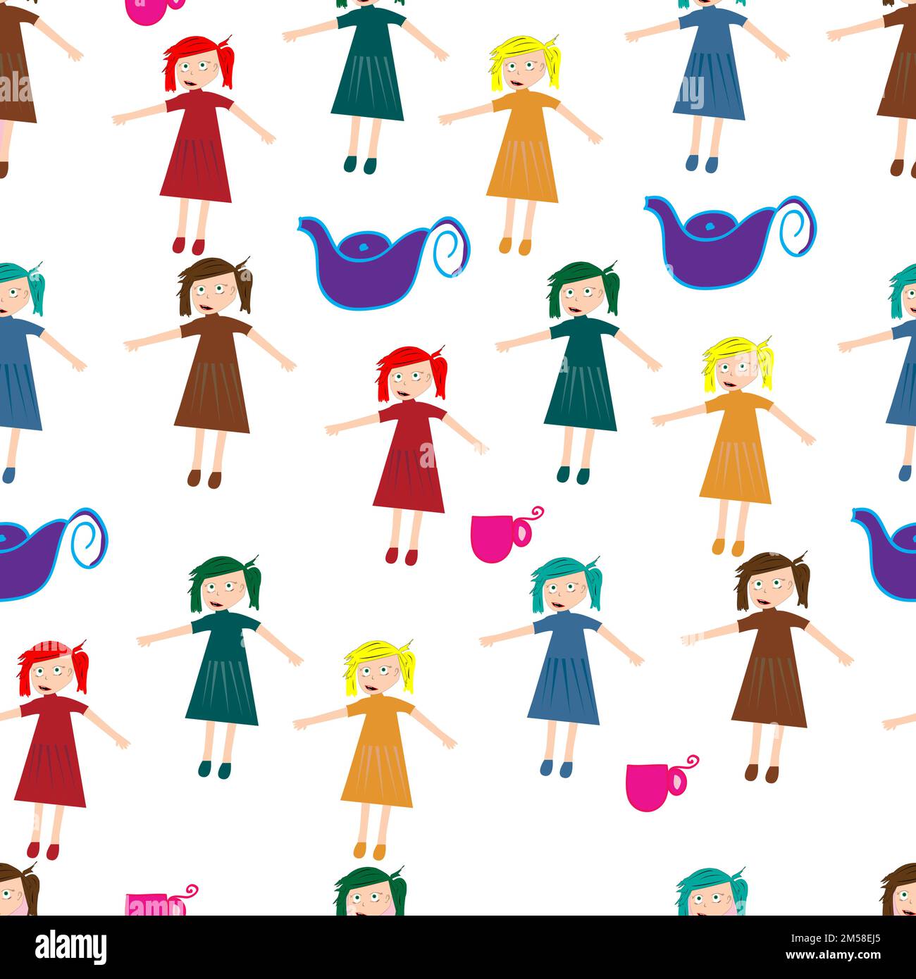 Seamless pattern for children with cute girls and teacups; dancing ...