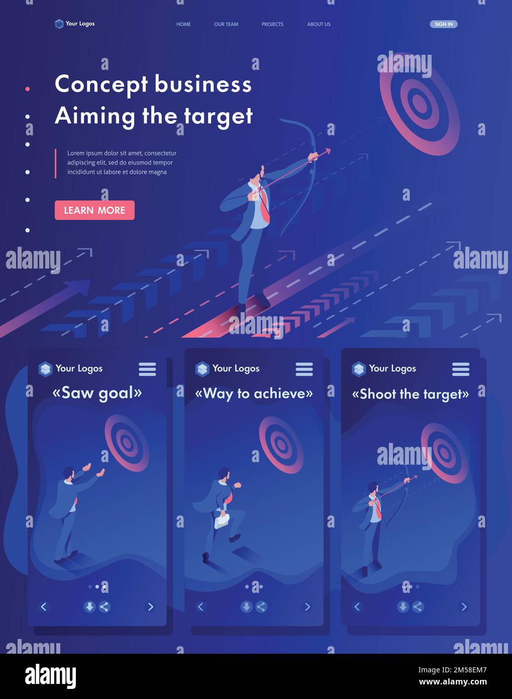 Isometric Website Template Landing page Businessman aiming at the ...