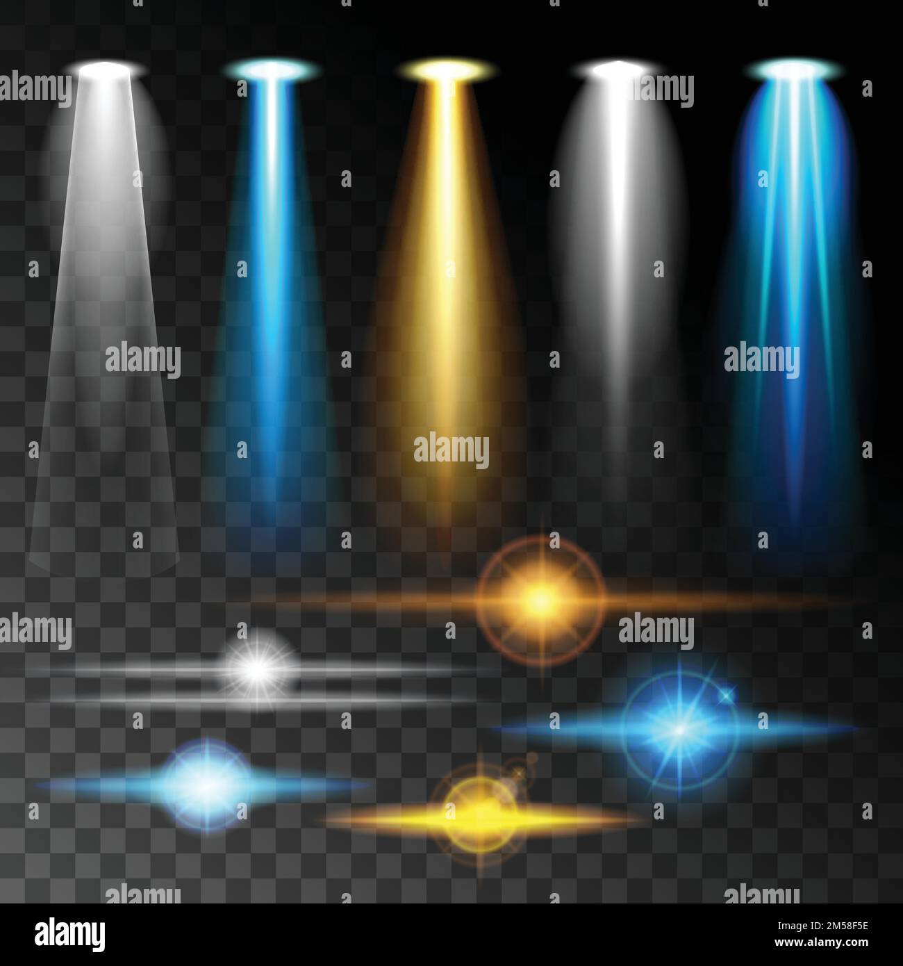 Set realistic light shine bright blue glare of lamps, a set of various ...