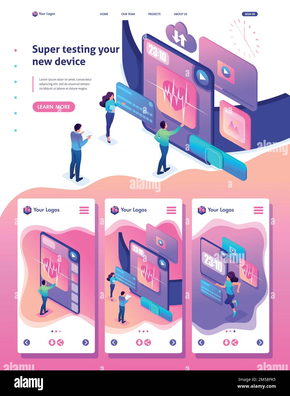 Isometric Website Template Landing Page Bright Concept The Team Is Testing A New Device The