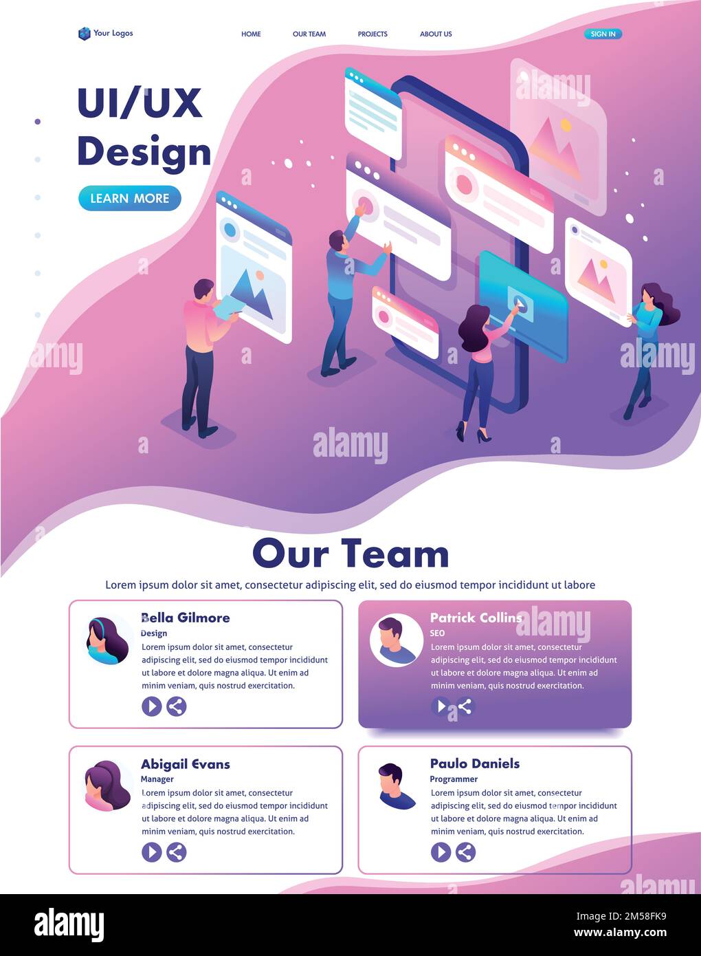 Isometric Website Template Landing page bright concept the process of creating an application ...