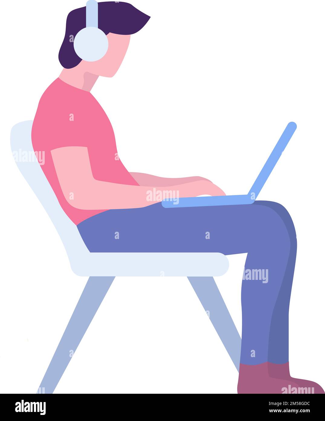 Student study online icon vector. Man in headphones using laptop ...
