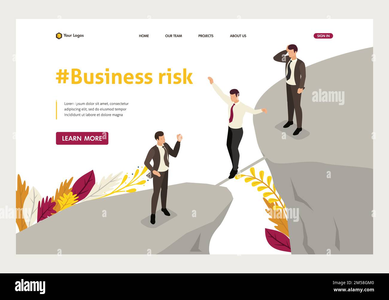 Isometric fear and overcoming risks in business. Website Template ...