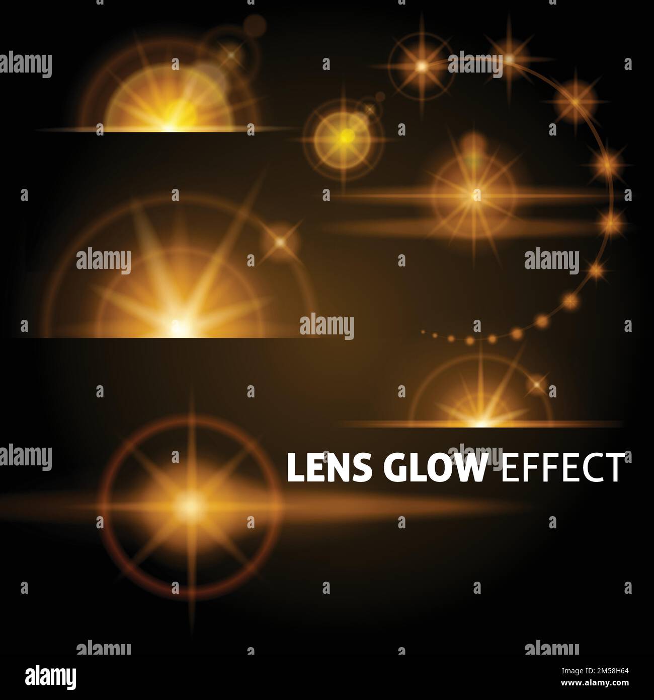 Realistic lens flares and rays flash white orange light on a dark ...
