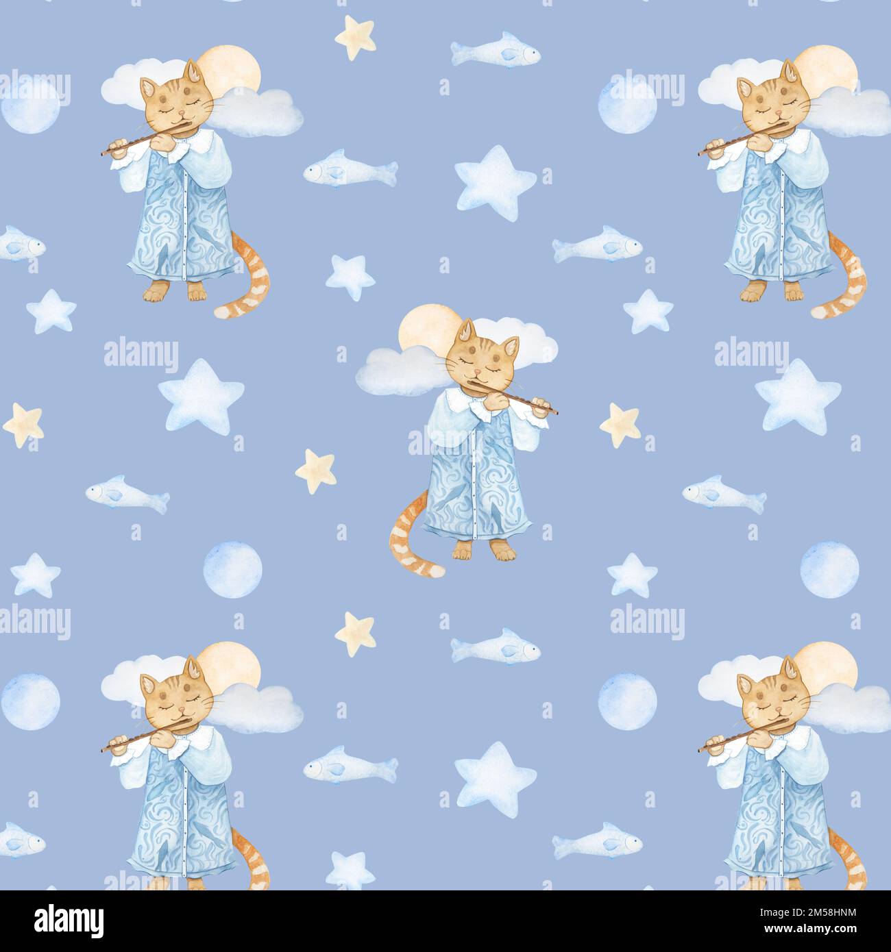 Watercolor seamless pattern with magic cat with flute, fish, balls and ...