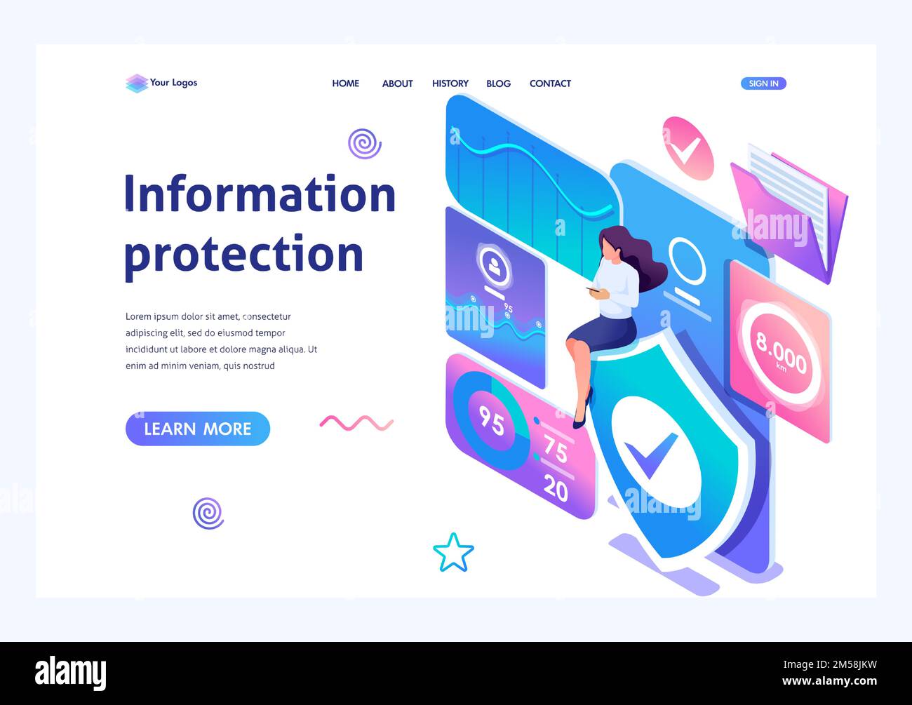 Isometric concept Girl installs online application to protect data on ...