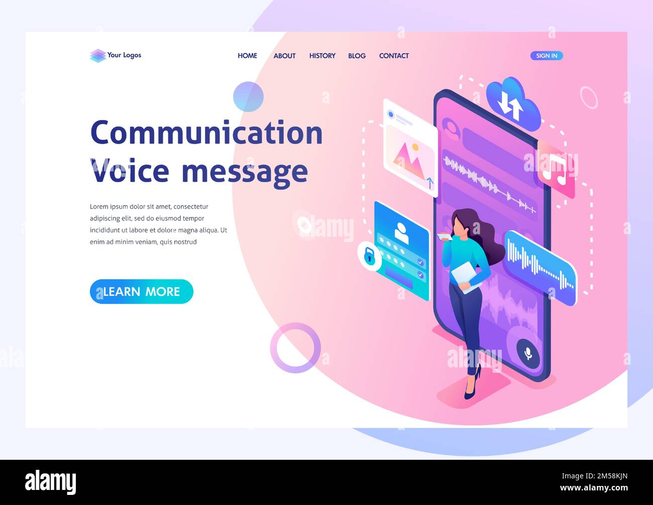 Young girl communicates by sending voice messages. Modern Concept of ...