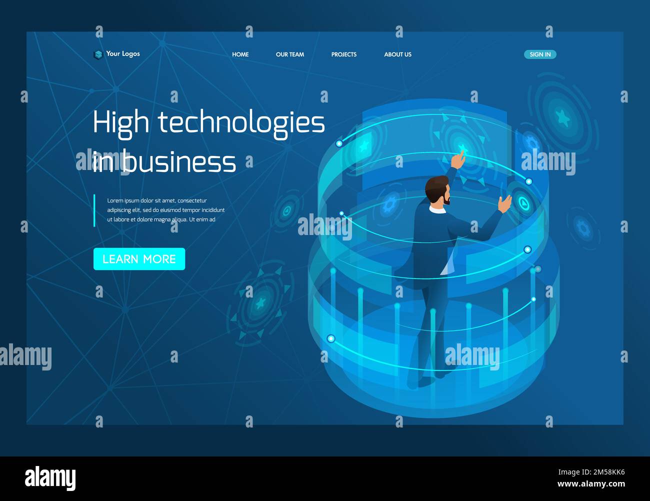 Isometric high technology in business, a businessman working on a virtual screen. Template ...