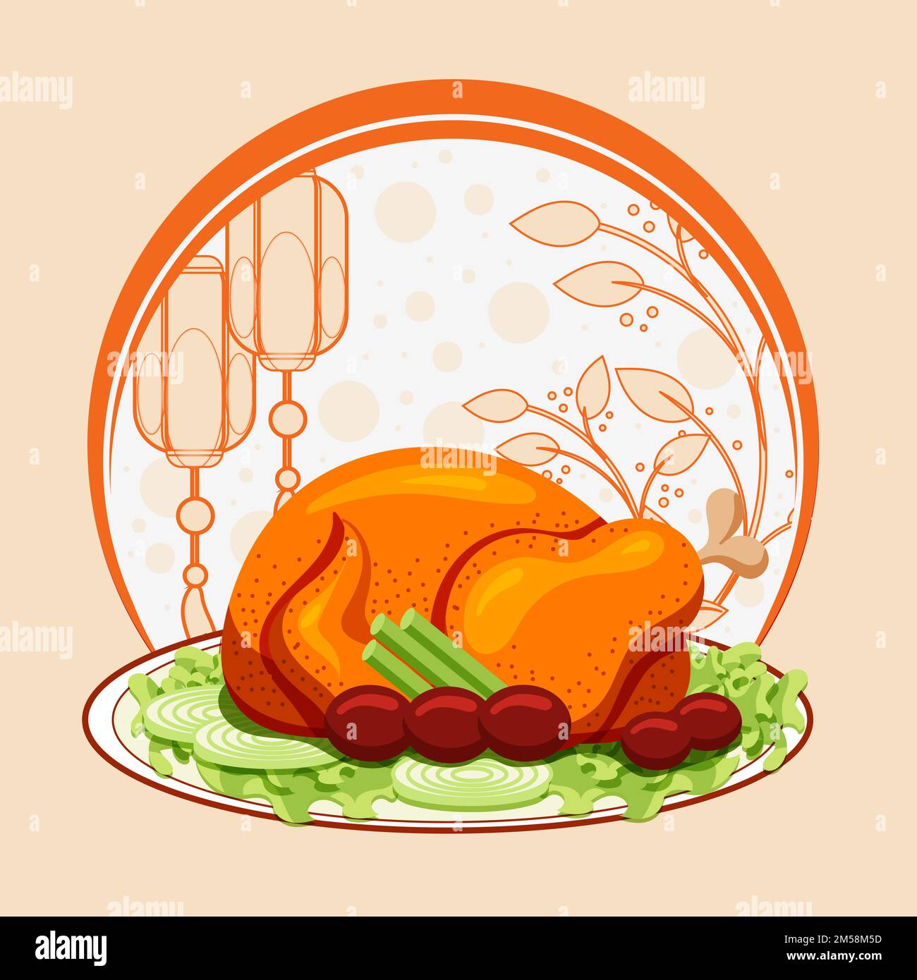 A vector illustration of the roasted chicken on a round background with ...