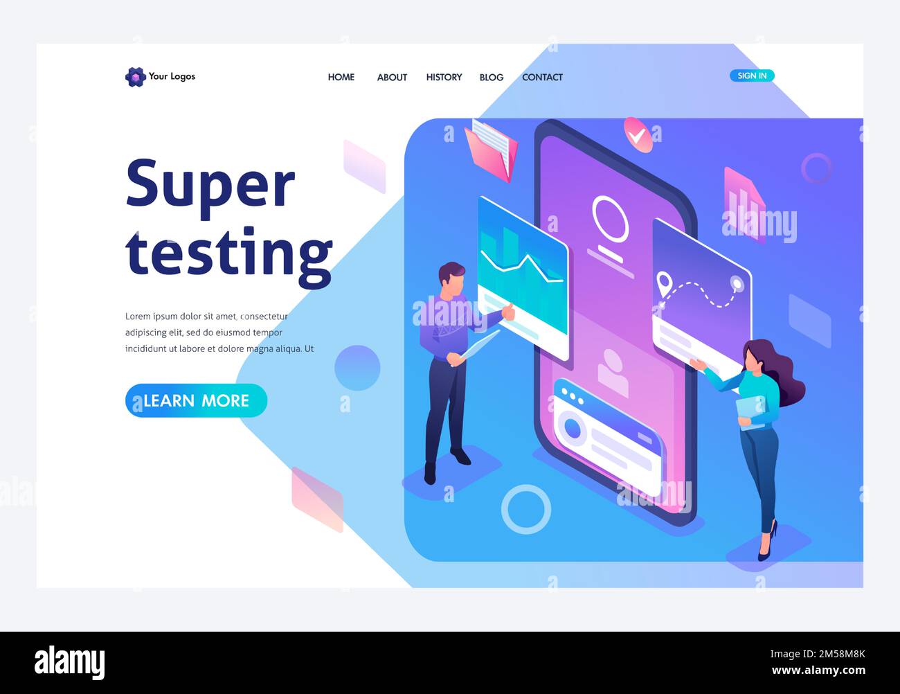 Isometric young people stand near the mobile phone screen, testing the ...