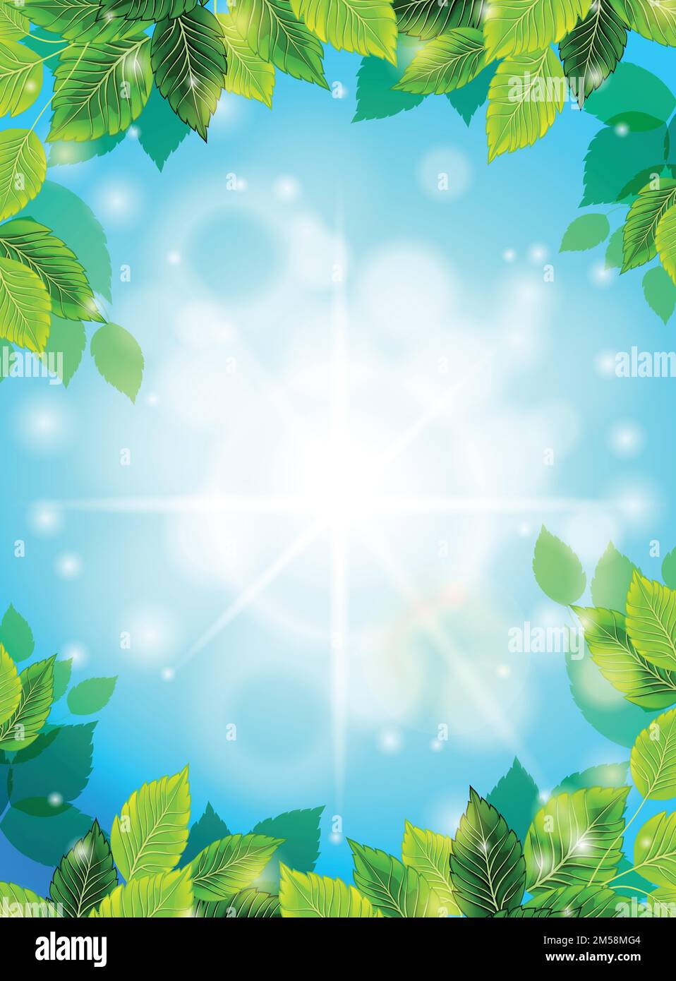 Bright Spring realistic background, blue sky, green leaves. The sun's ...
