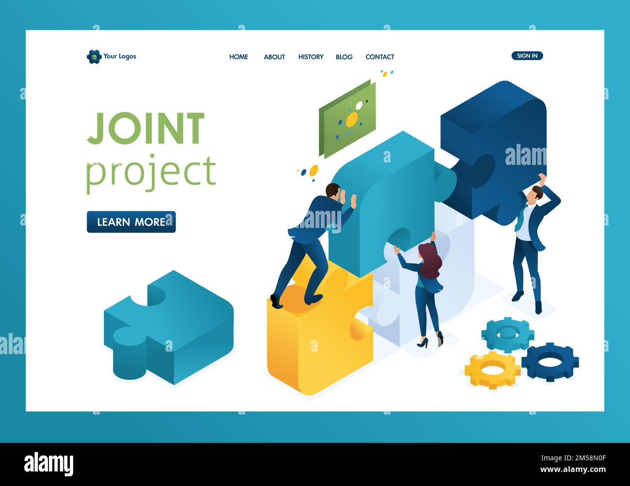 Isometric business joint project of a big team, teamwork, brainstorming. Template landing page ...