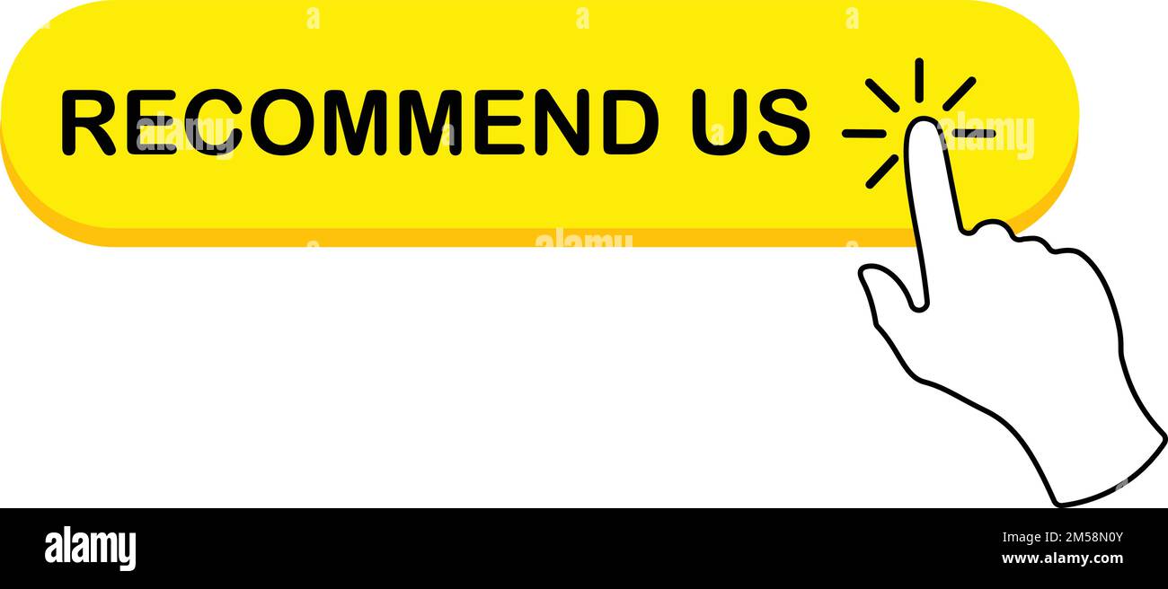 Recommend us yellow oval button shape with hand pointer, vector ...
