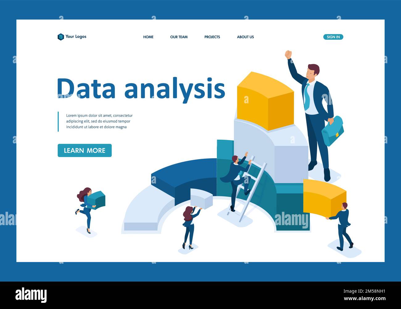 Isometric Data for analysis, creating charts, businessmen carry ...