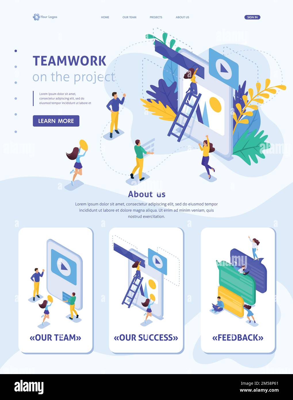Isometric Website Template Landing page workflow and teamwork of a big ...
