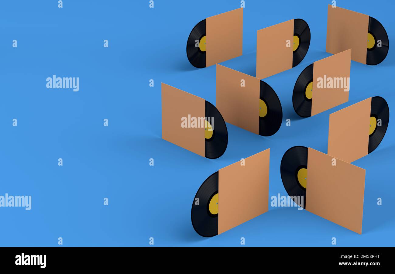 Set of vinyl LP records with cover isolated on blue background. 3d ...