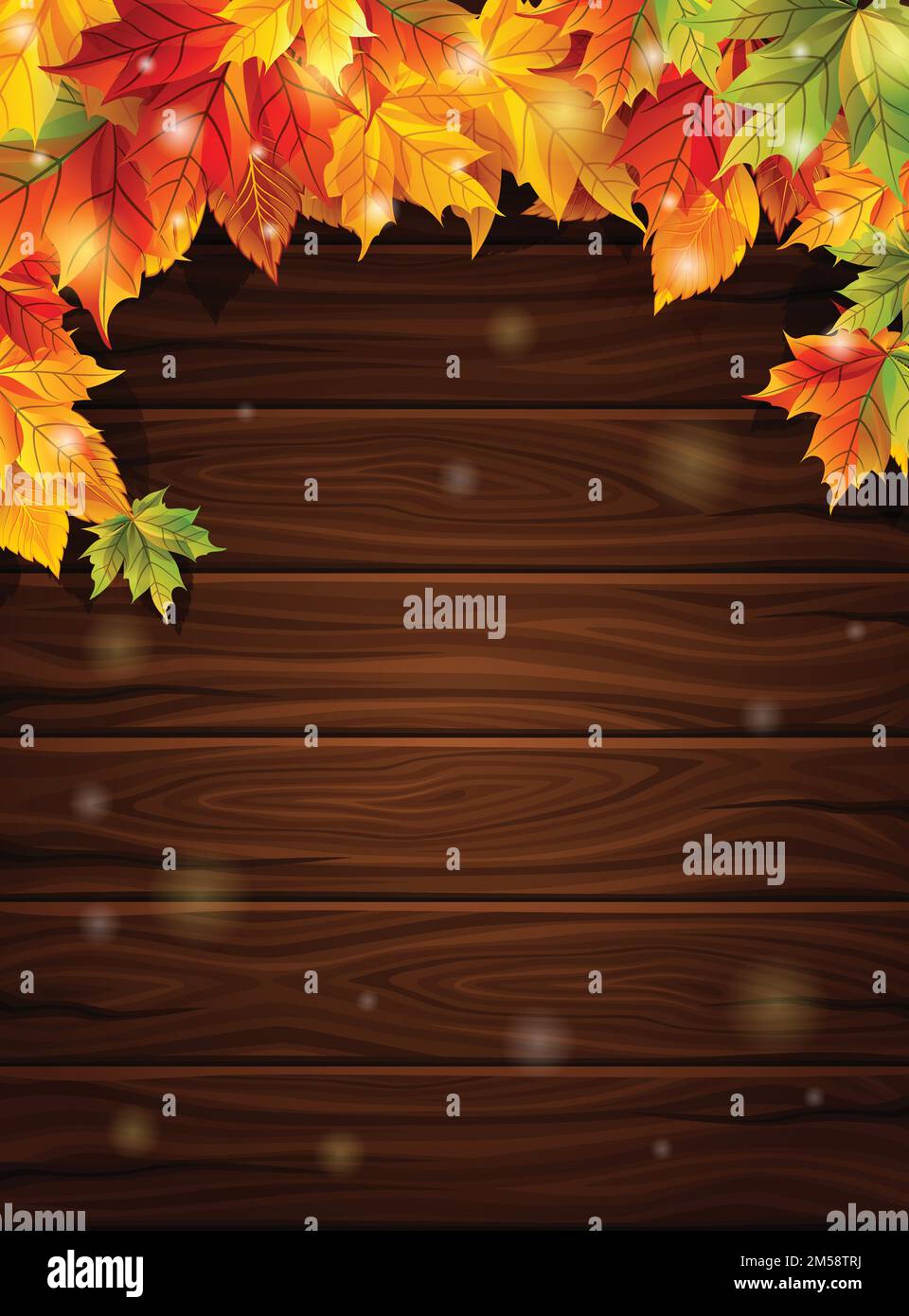 Autumn leaves against the dark wooden boards, maple leaves decoration ...