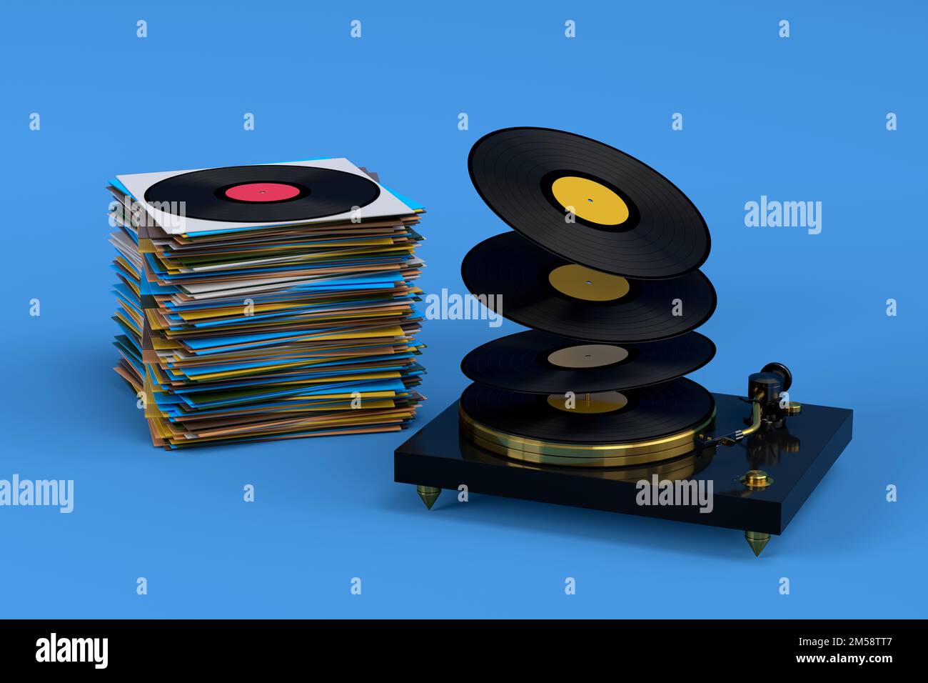 Set of Hi-fi speakers with loudspeakers and DJ turntable with vinyl LP ...