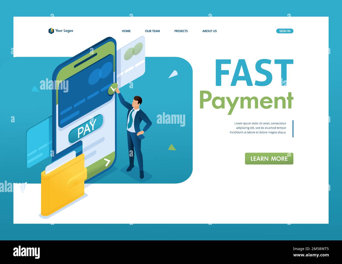 Young man makes an online payment through a mobile application. Concept Of Fast Payment. 3d ...