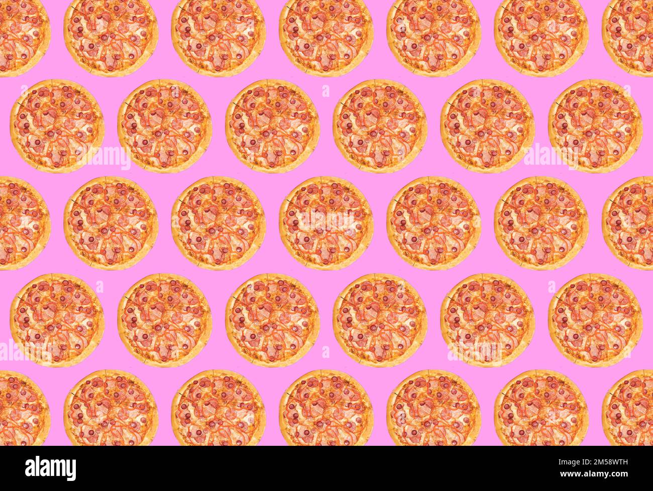 trendy colorful repeating pattern of a whole pizza on a pink background ...
