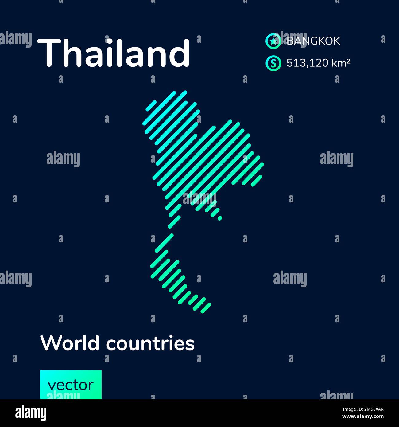 Vector creative digital neon flat line art abstract simple map of Thailand with green, mint ...