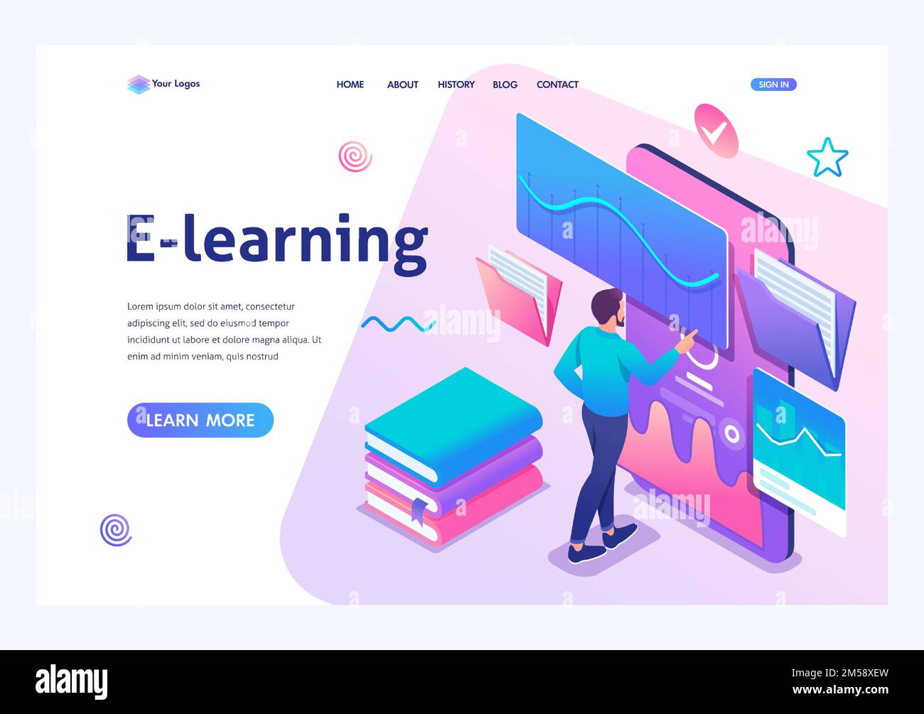 Isometric concept Man watching a lesson on the website, online training ...