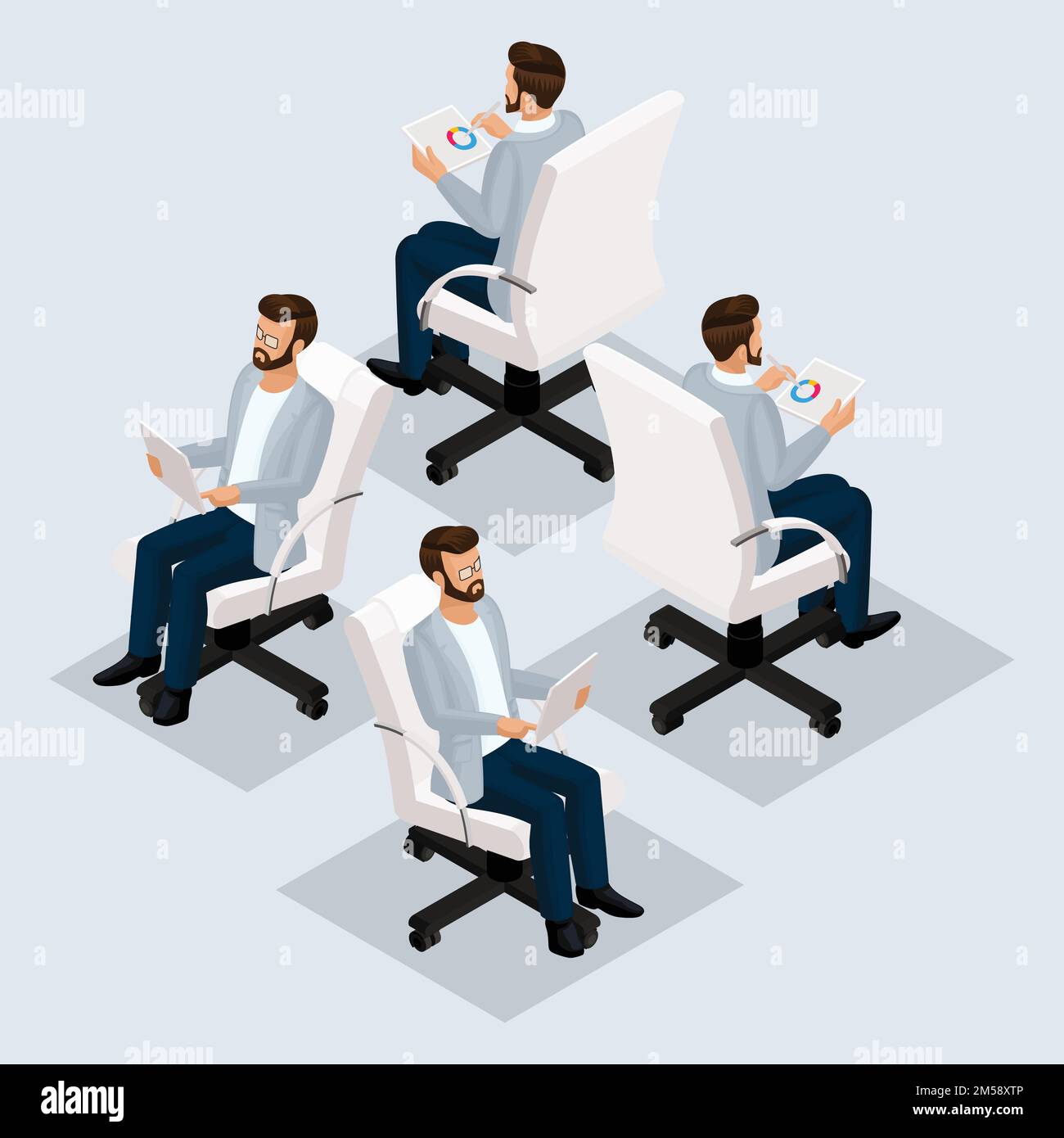 Trend isometric objects, 3D table with documents, laptop, chair ...