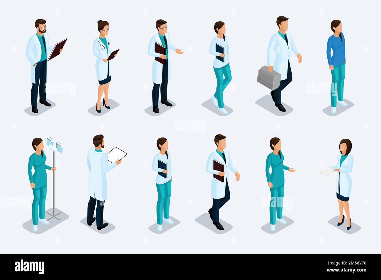 Set of isometric medical professionals, doctor, surgeon, nurse. The ...