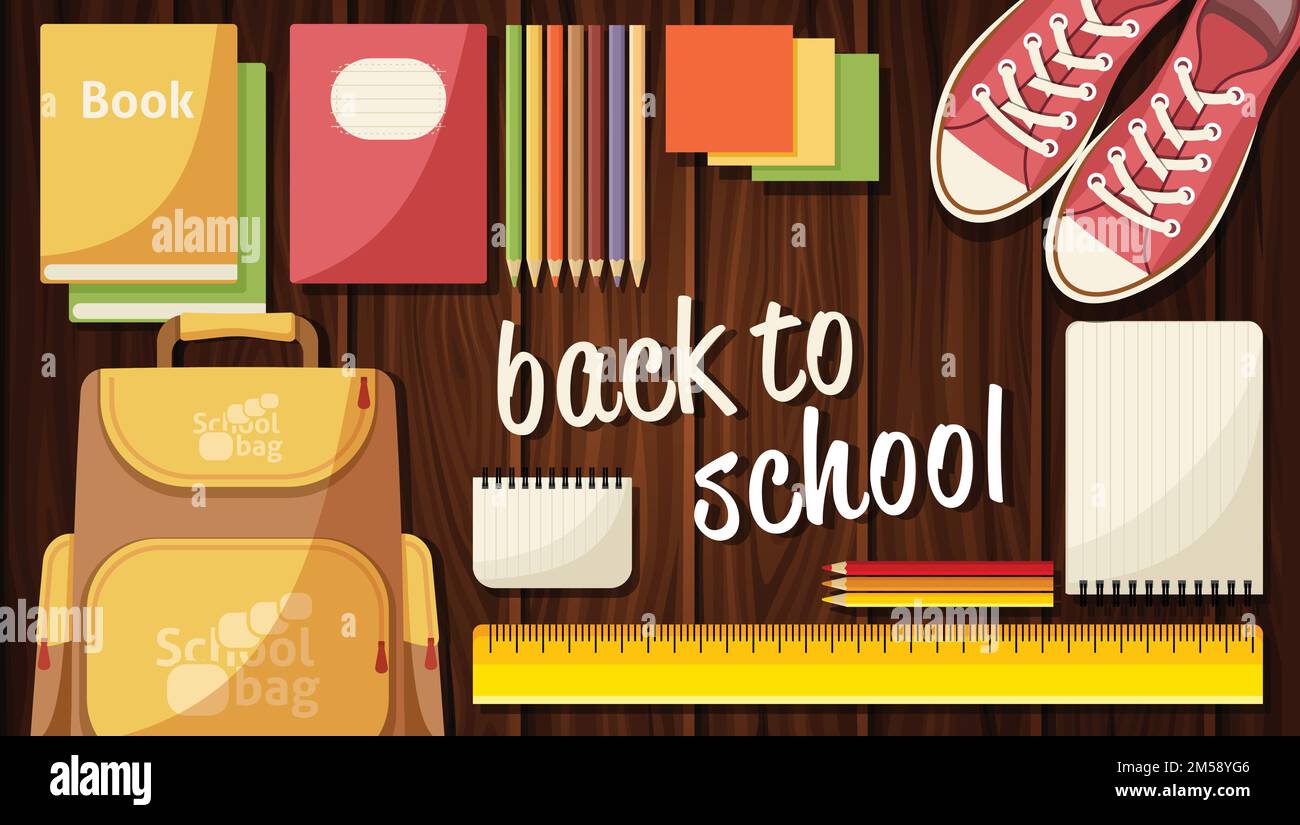 Flat vector web banner on the school, school utensils, school books ...