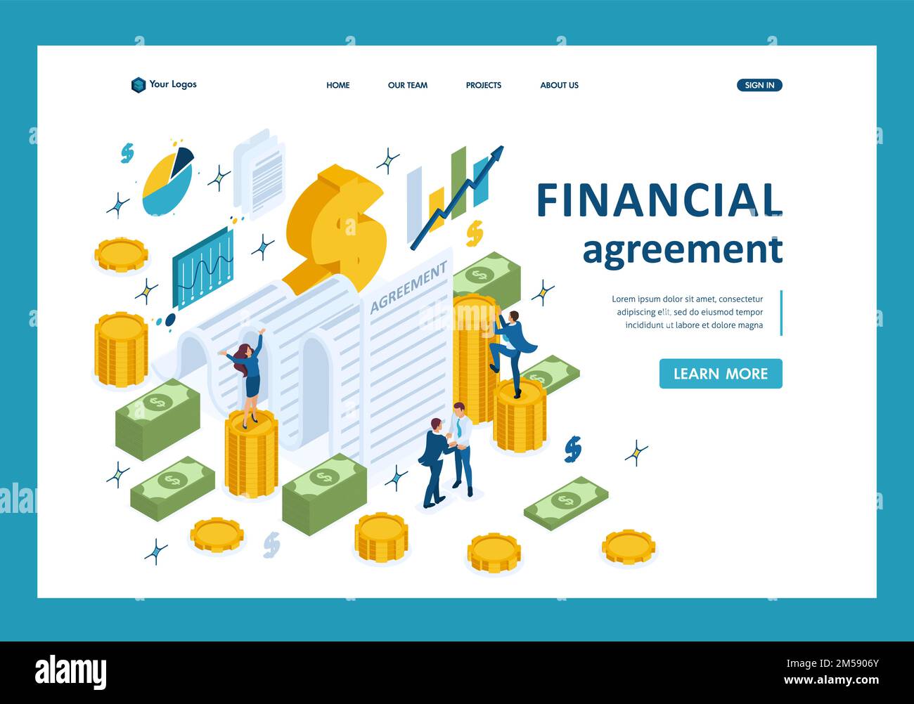 Isometric concept of creating a financial agreement, partners conclude ...