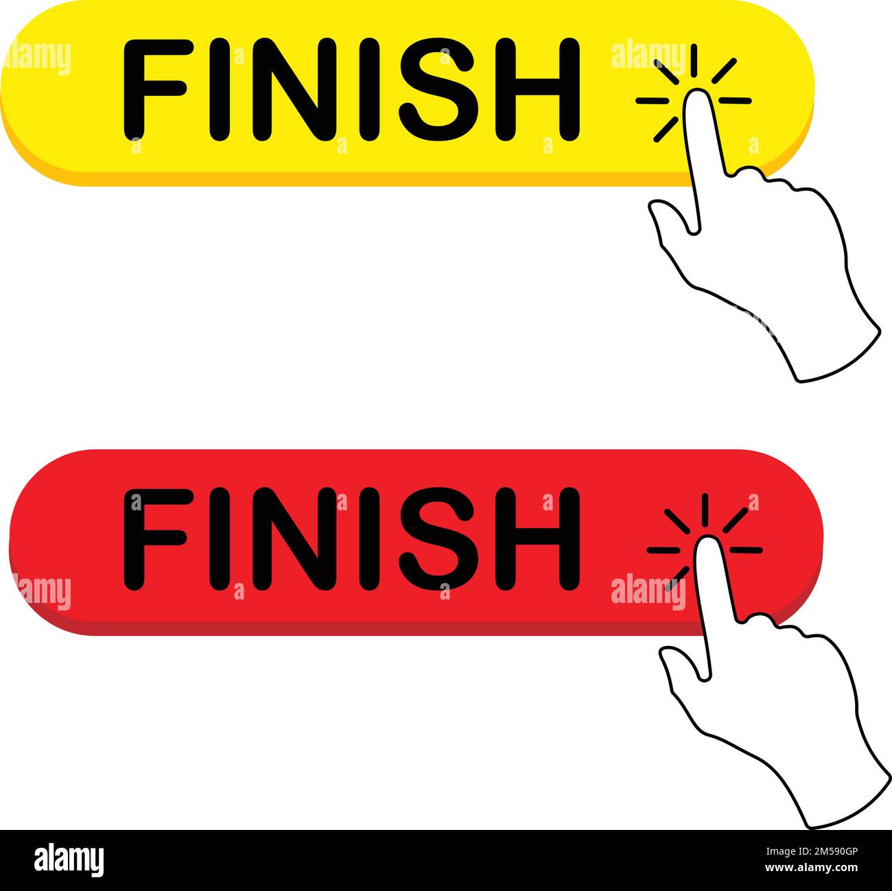 Finish buttons collection with hand pointer, vector illustration set ...