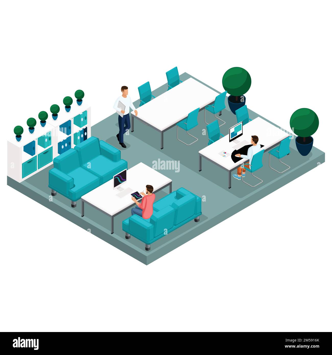 Isometric concept of coworking center. 3D people talking, meeting ...