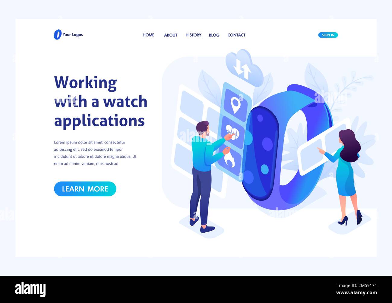 Isometric concept Young People working with watch apps. Header concept ...